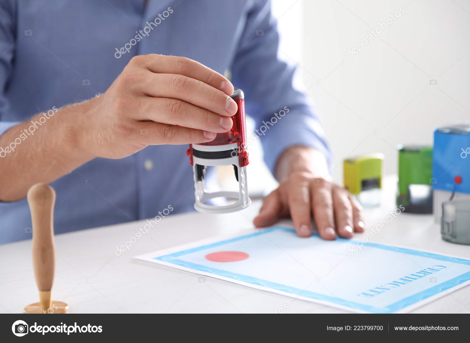 Male Notary Stamping Document Table Office Closeup Stock Photo by ...