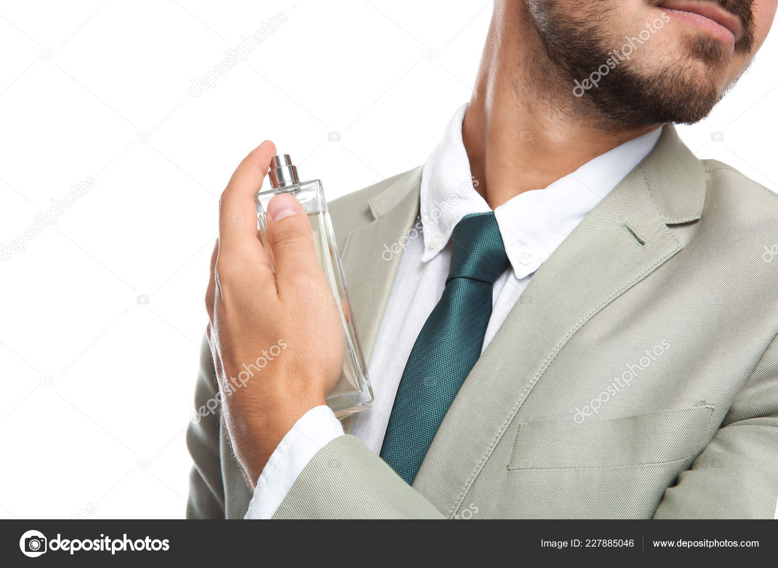 Businessman Applying Perfume White Background Closeup — Stock Photo ...