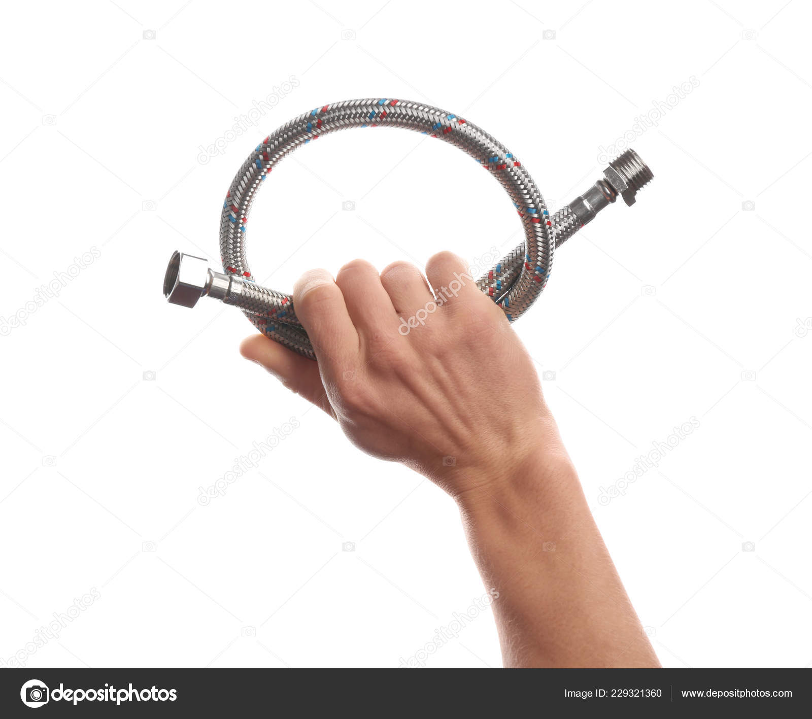 Male Plumber Holding Flexible Hose White Background Closeup Stock Photo ...