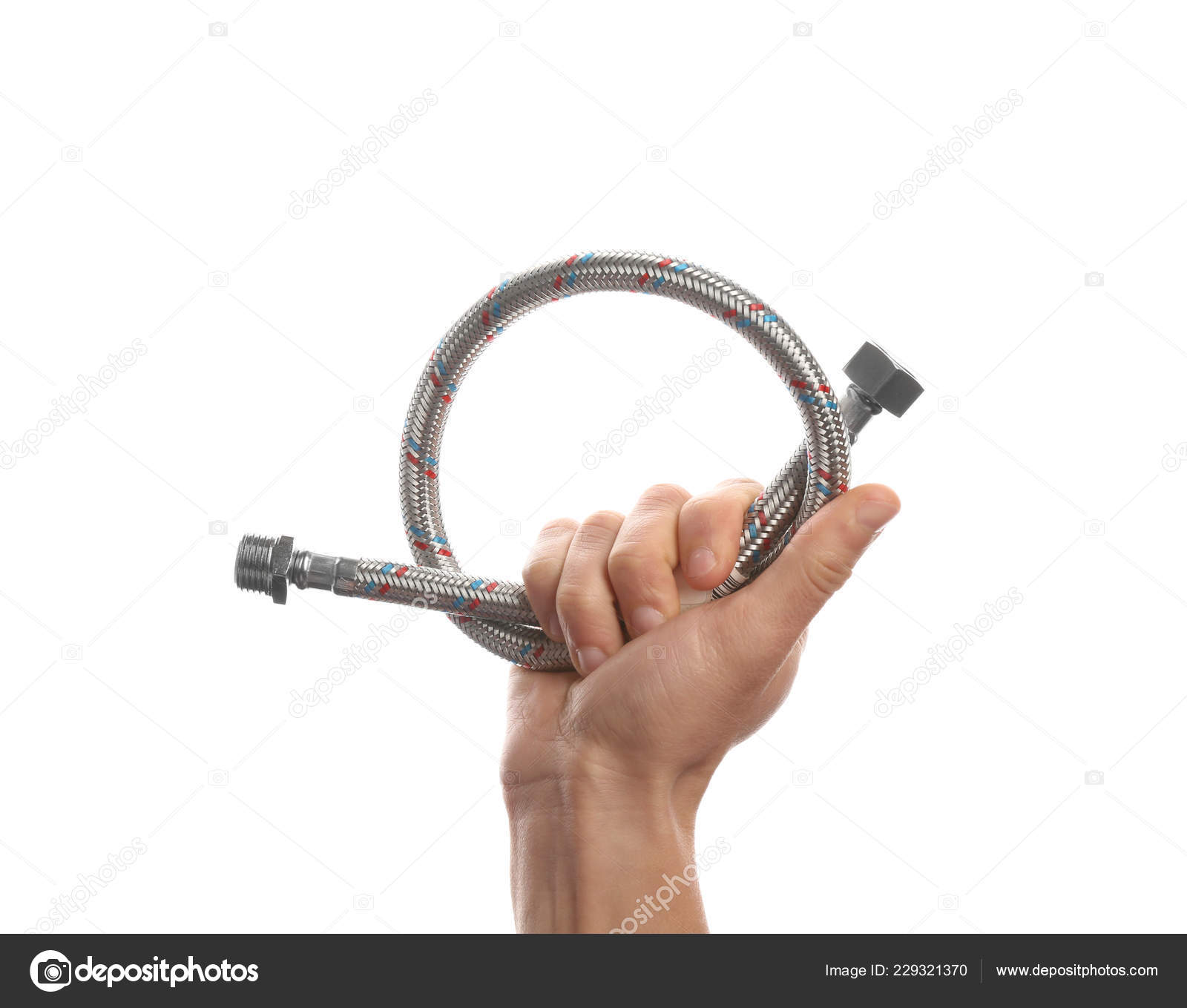 Male Plumber Holding Flexible Hose White Background Closeup Stock Photo ...