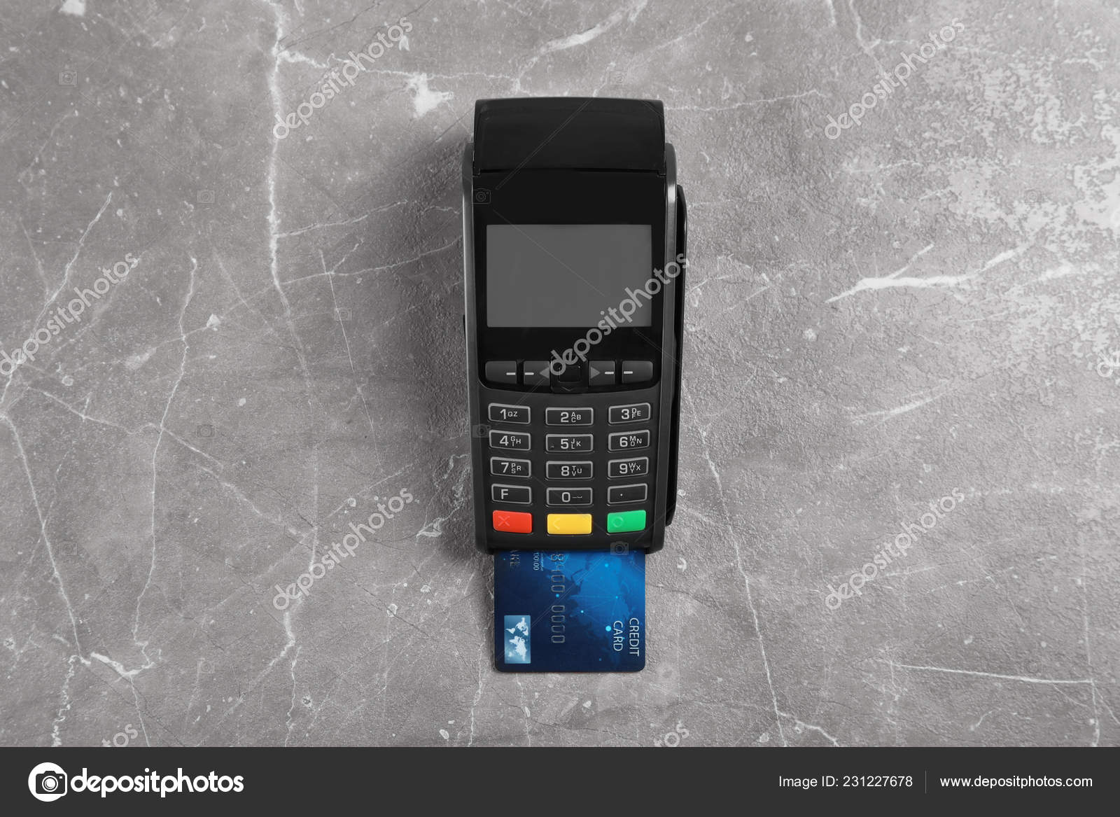 Modern Payment Terminal Credit Card Grey Background Top View — Stock ...