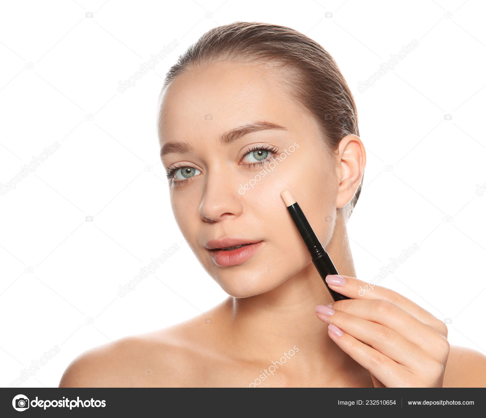 Young Woman Applying Foundation Her Face White Background Stock Photo ...