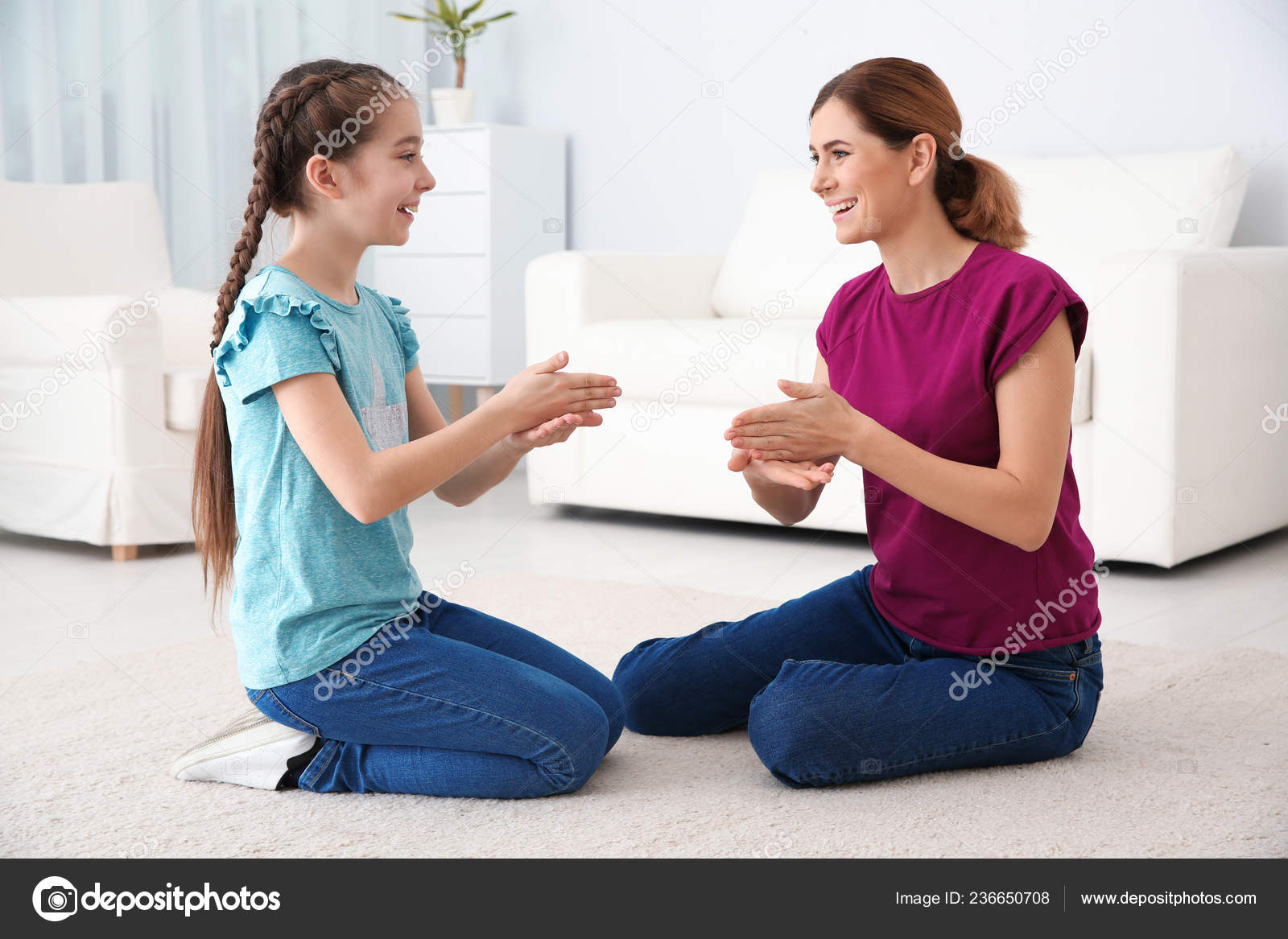 Hearing Impaired Mother Her Child Talking Help Sign Language White ...