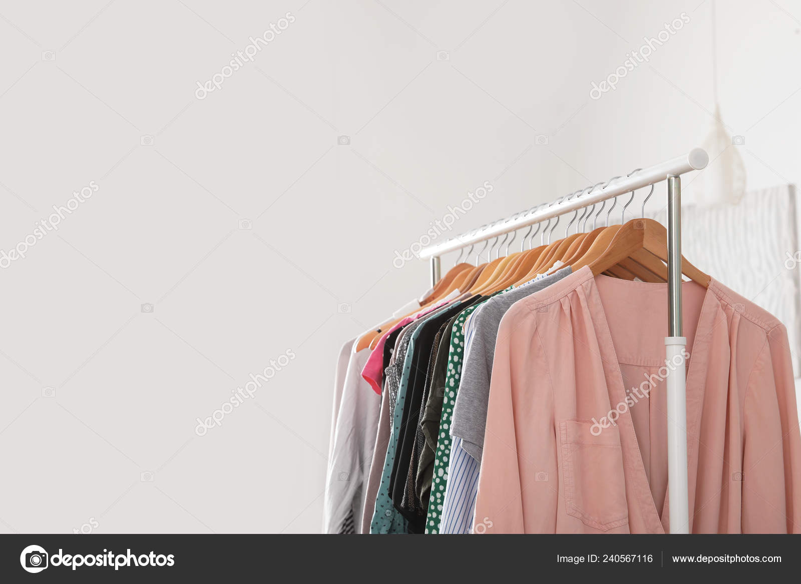 Wardrobe Rack Stylish Clothes White Wall Indoors Space Text — Stock ...