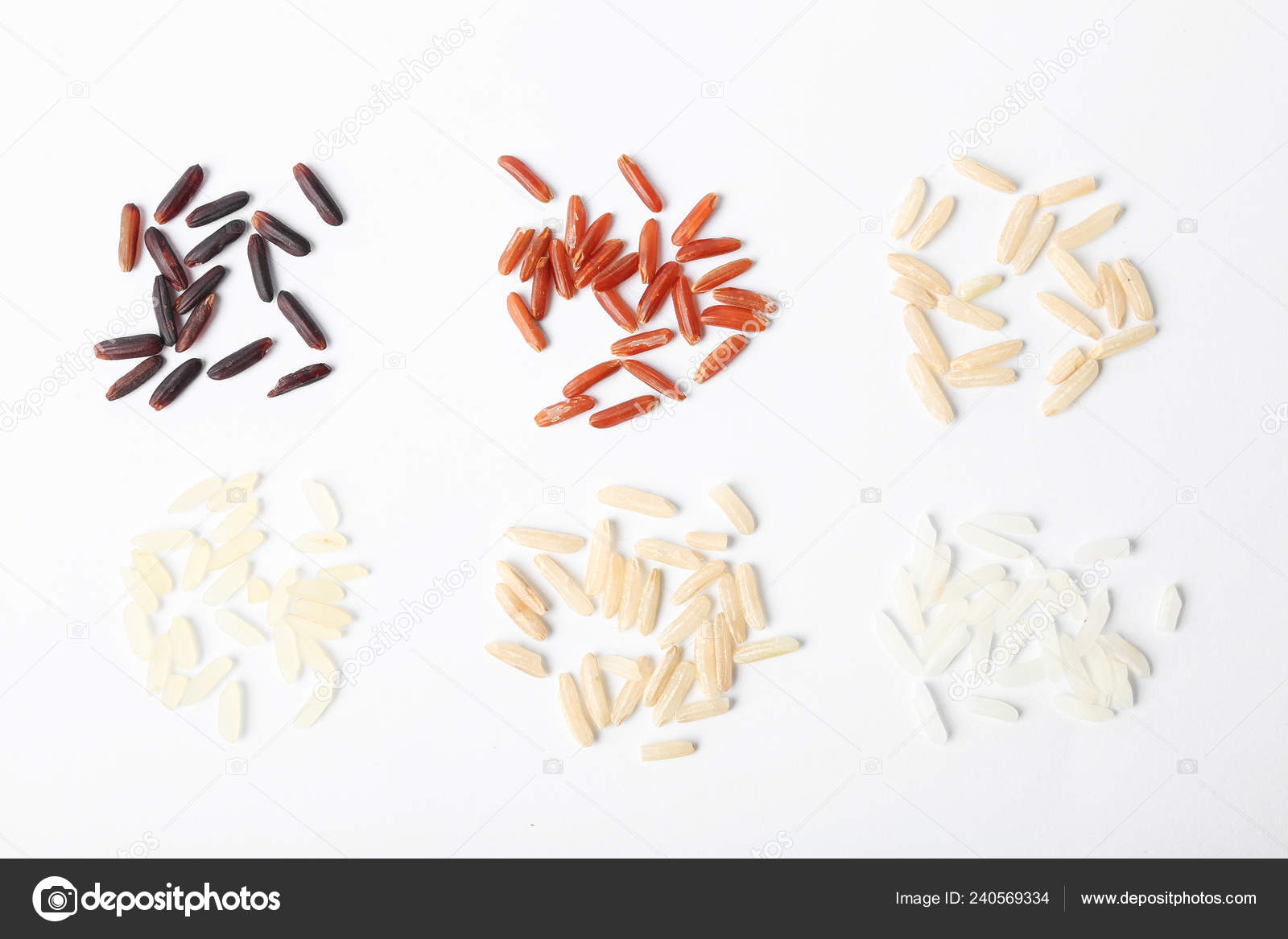 Different Types Uncooked Rice White Background Top View Stock Photo by ...