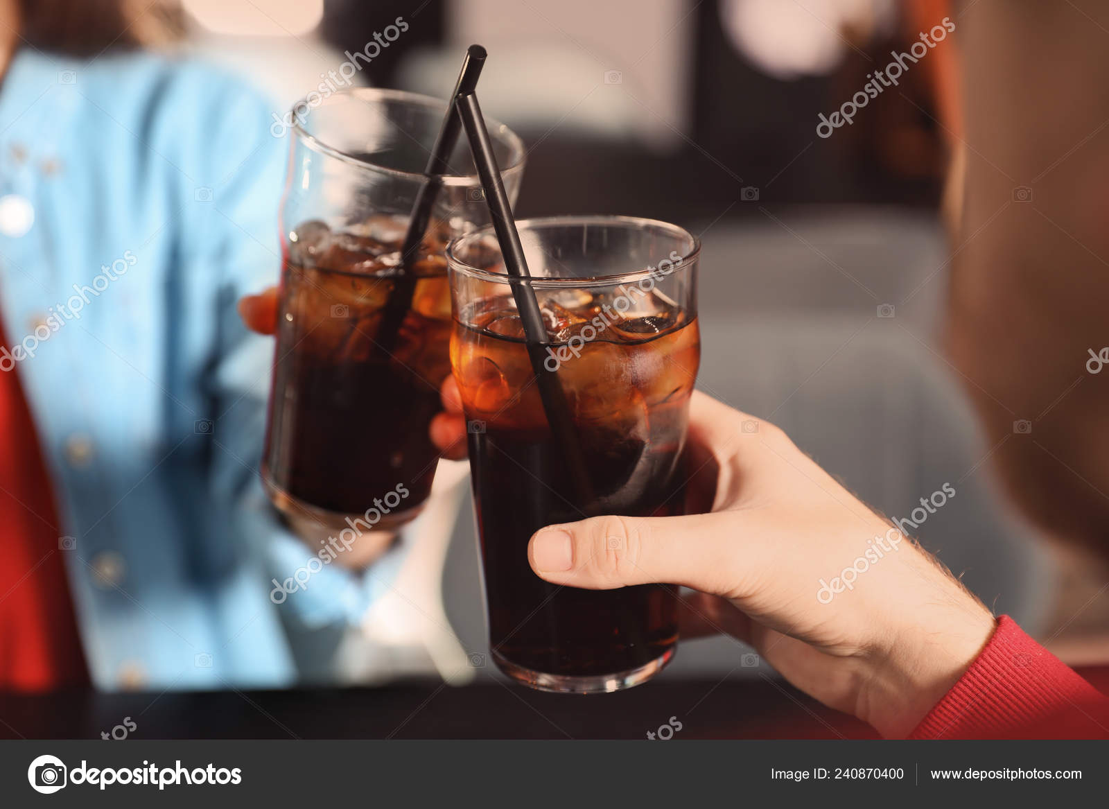 Young Couple Glasses Cola Table Indoors Closeup Stock Photo by ...