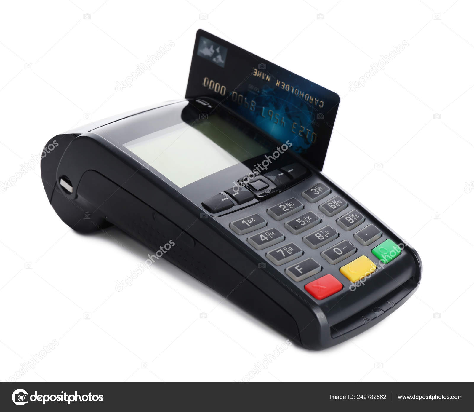 Modern Payment Terminal Credit Card White Background Space Text Stock ...