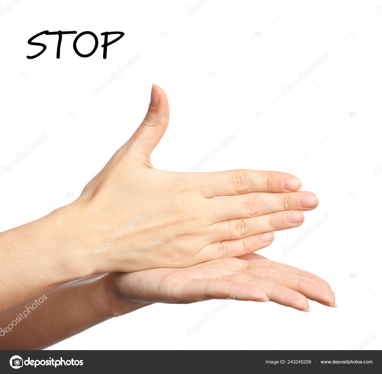 Woman Showing Word Stop White Background Closeup Sign Language — Stock ...