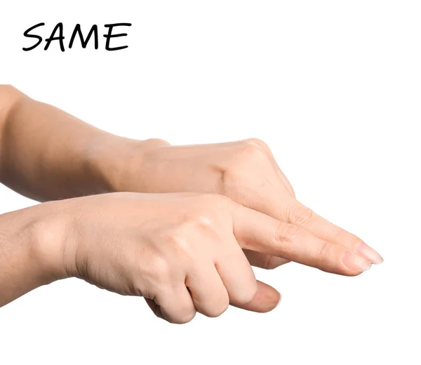 Woman Showing Word Stop White Background Closeup Sign Language — Stock ...