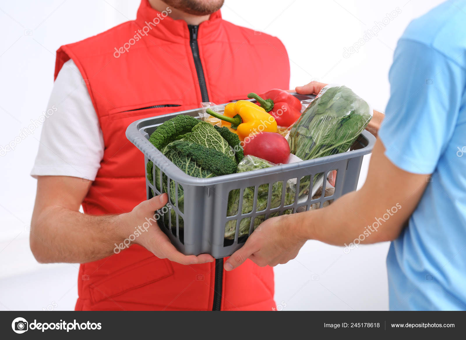 Courier Giving Plastic Crate Products Customer Home Closeup Food ...