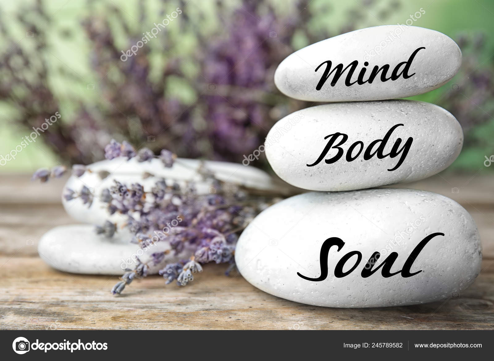 Composition Lavender Flowers Zen Stones Words Mind Body Soul Table ...