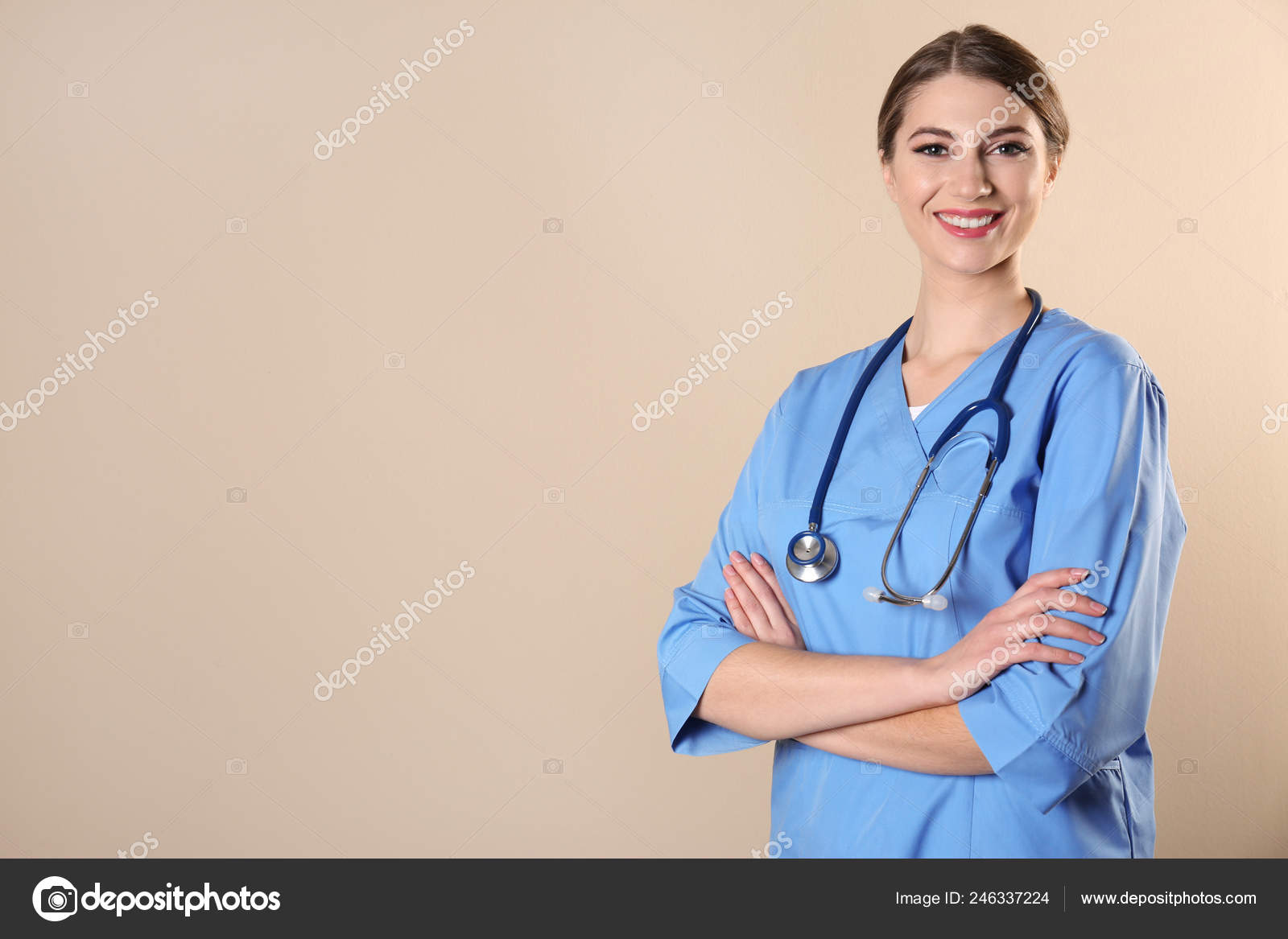 Young Medical Student Uniform Color Background Space Text Stock Photo ...