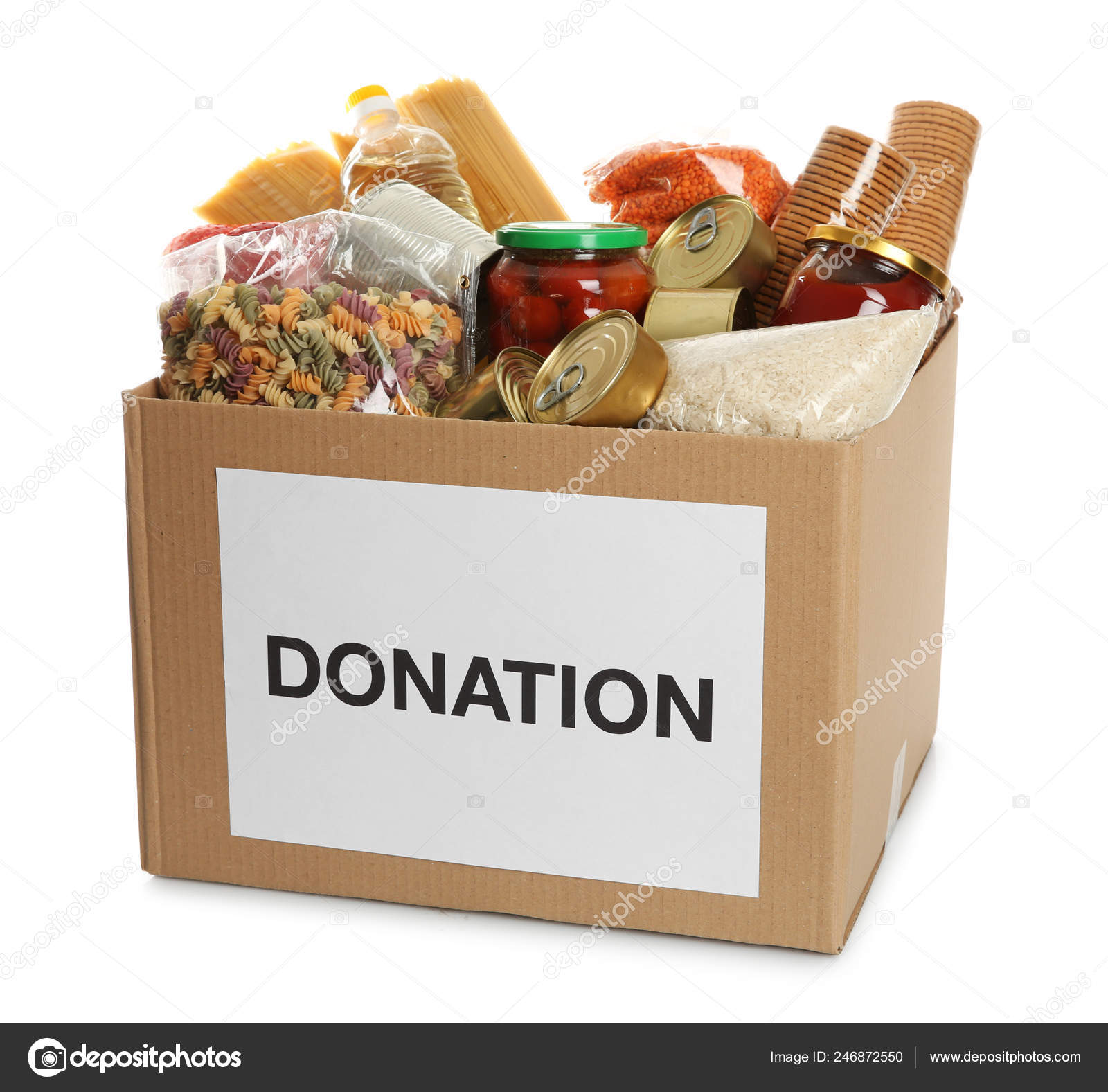 Donation Box Full Different Products White Background Stock Photo by ...