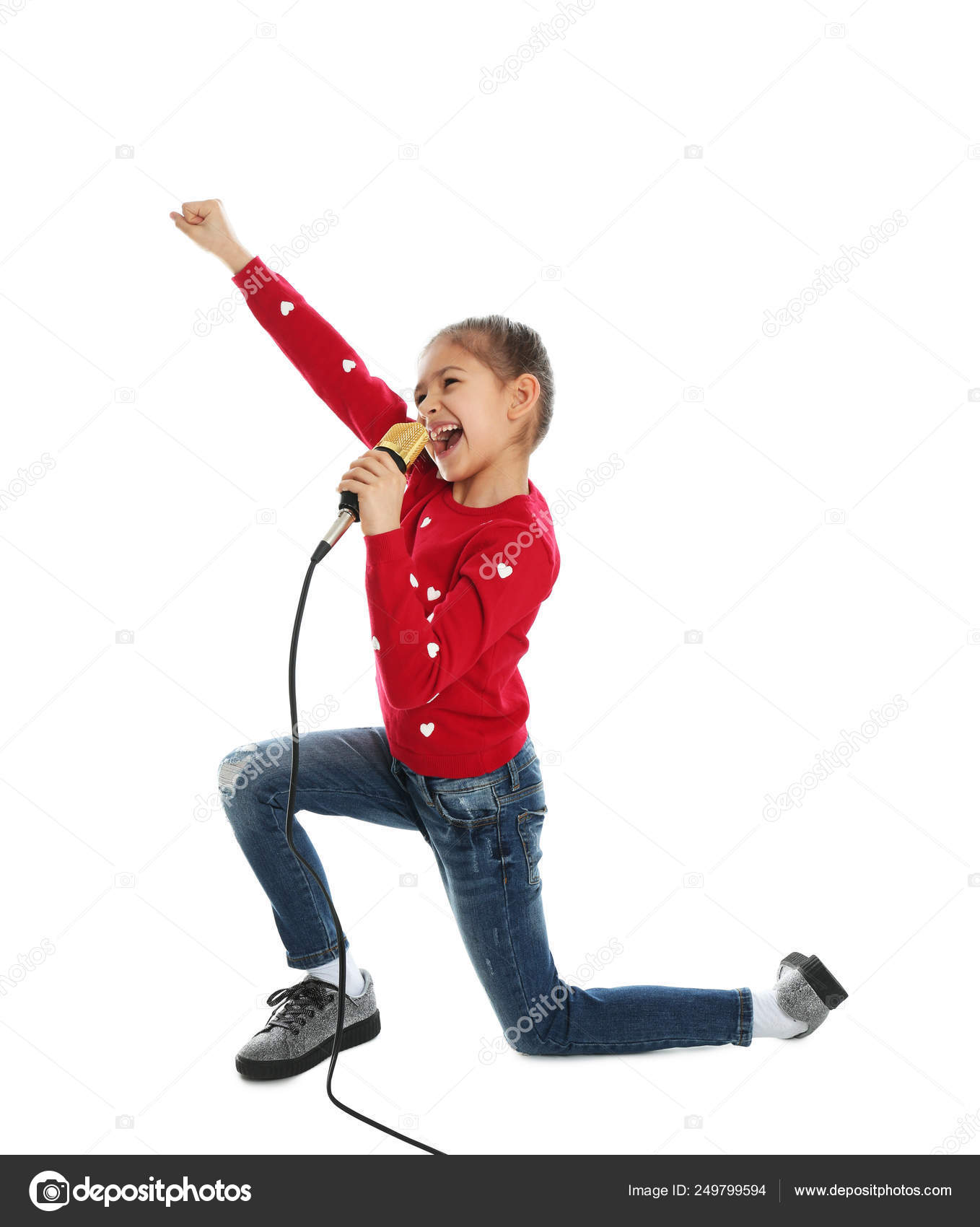 Cute funny girl with microphone on white background Stock Photo by ...