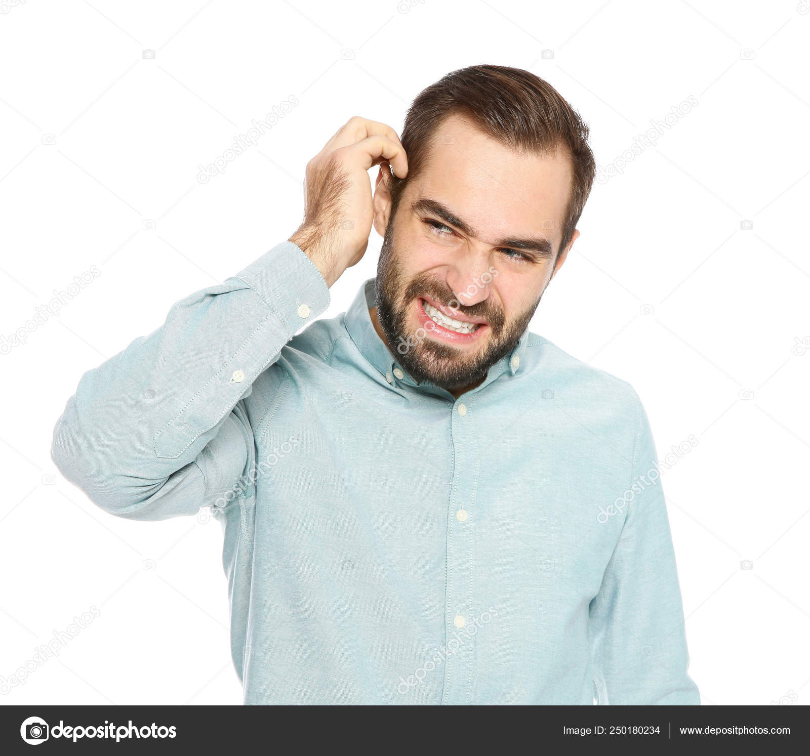 Young man scratching head on white background. Annoying itch — Stock ...