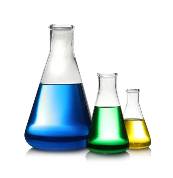 Erlenmeyer flask with light blue liquid isolated on white Stock Photo ...