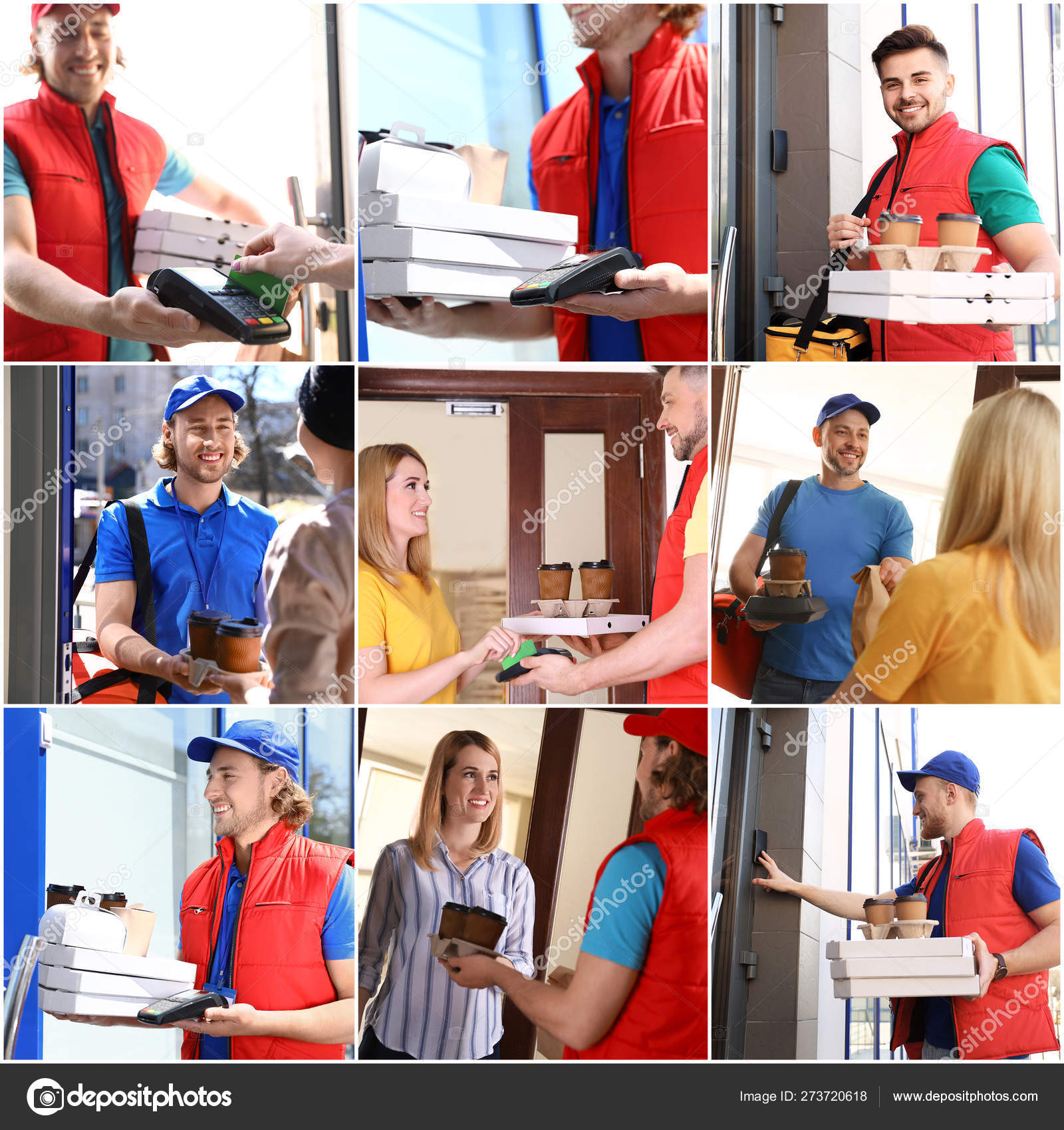Set of couriers with orders. Food delivery service Stock Photo by ...