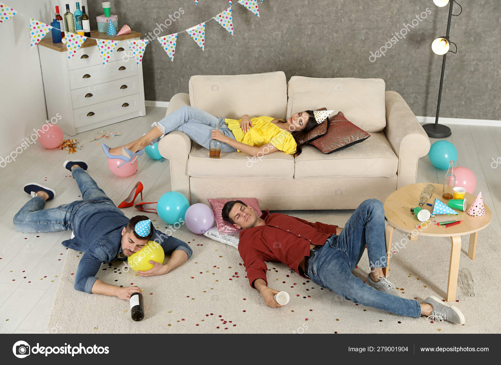 Drunk friends sleeping in messy room after party — Stock Photo ...