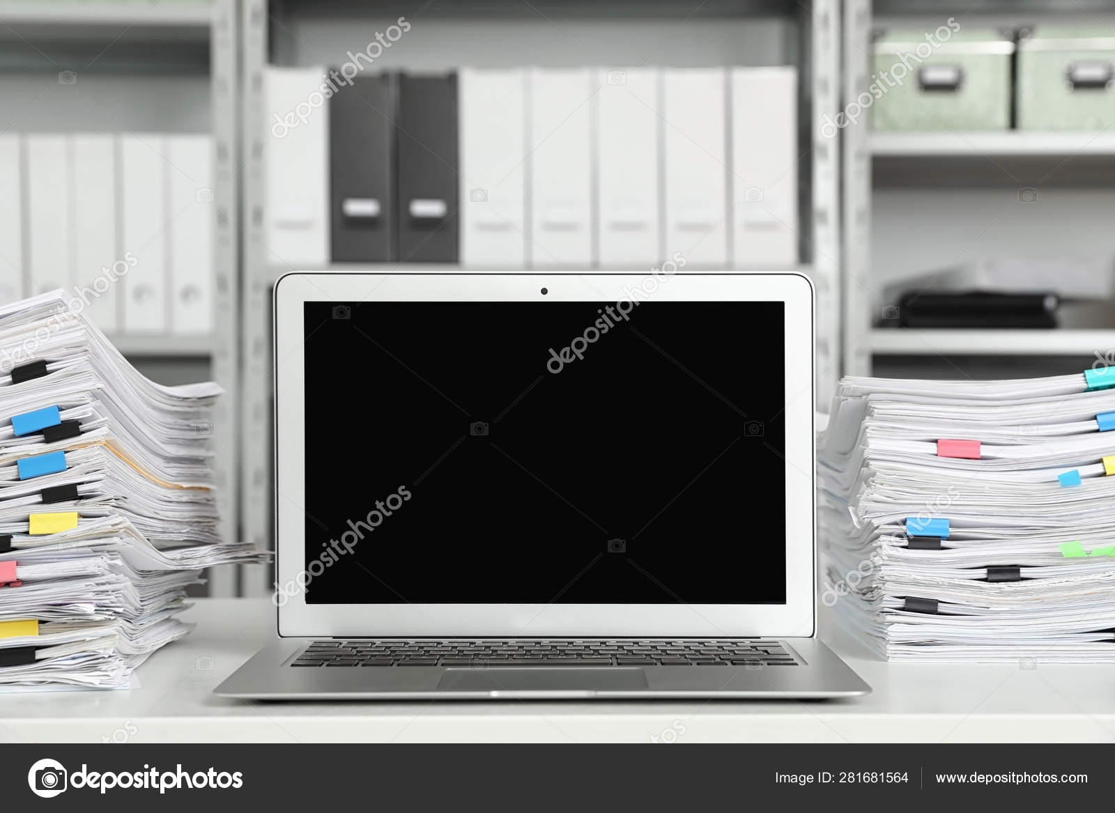 Laptop and documents on desk in office. Space for text — Stock Photo ...