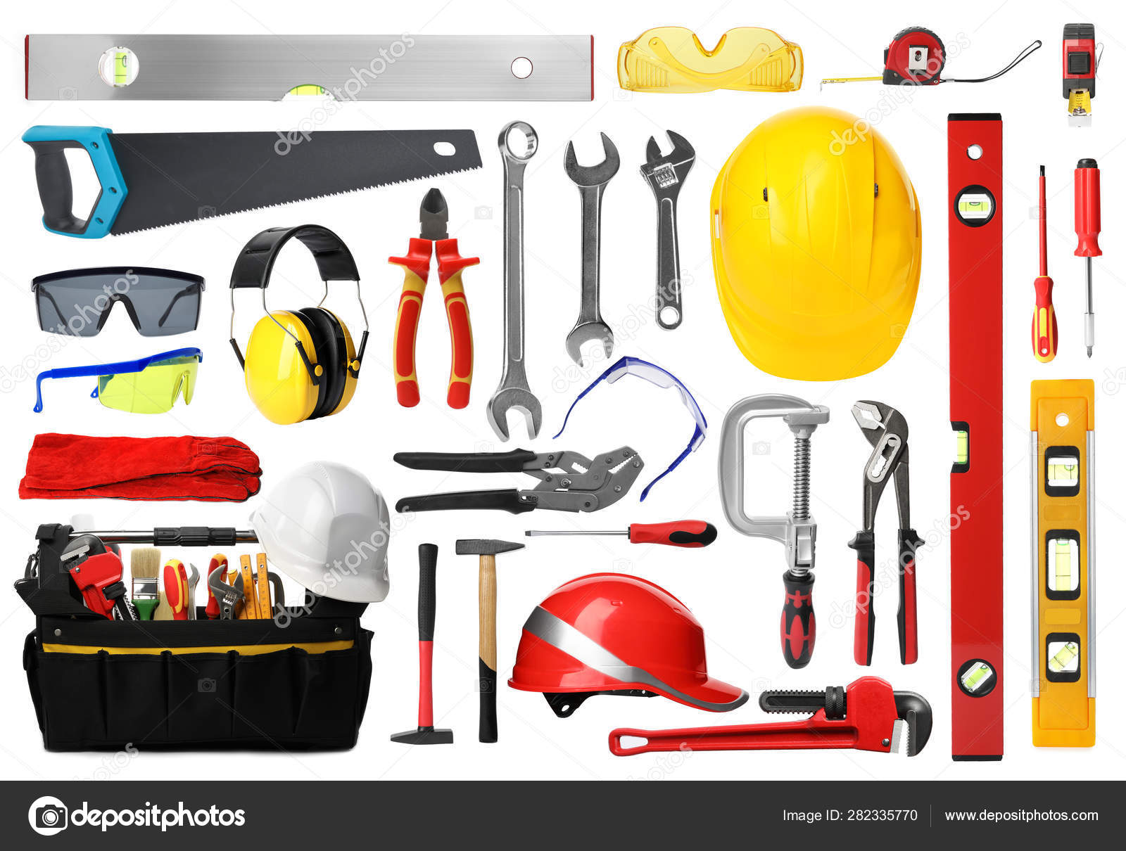 Set with different construction tools on white background Stock Photo ...