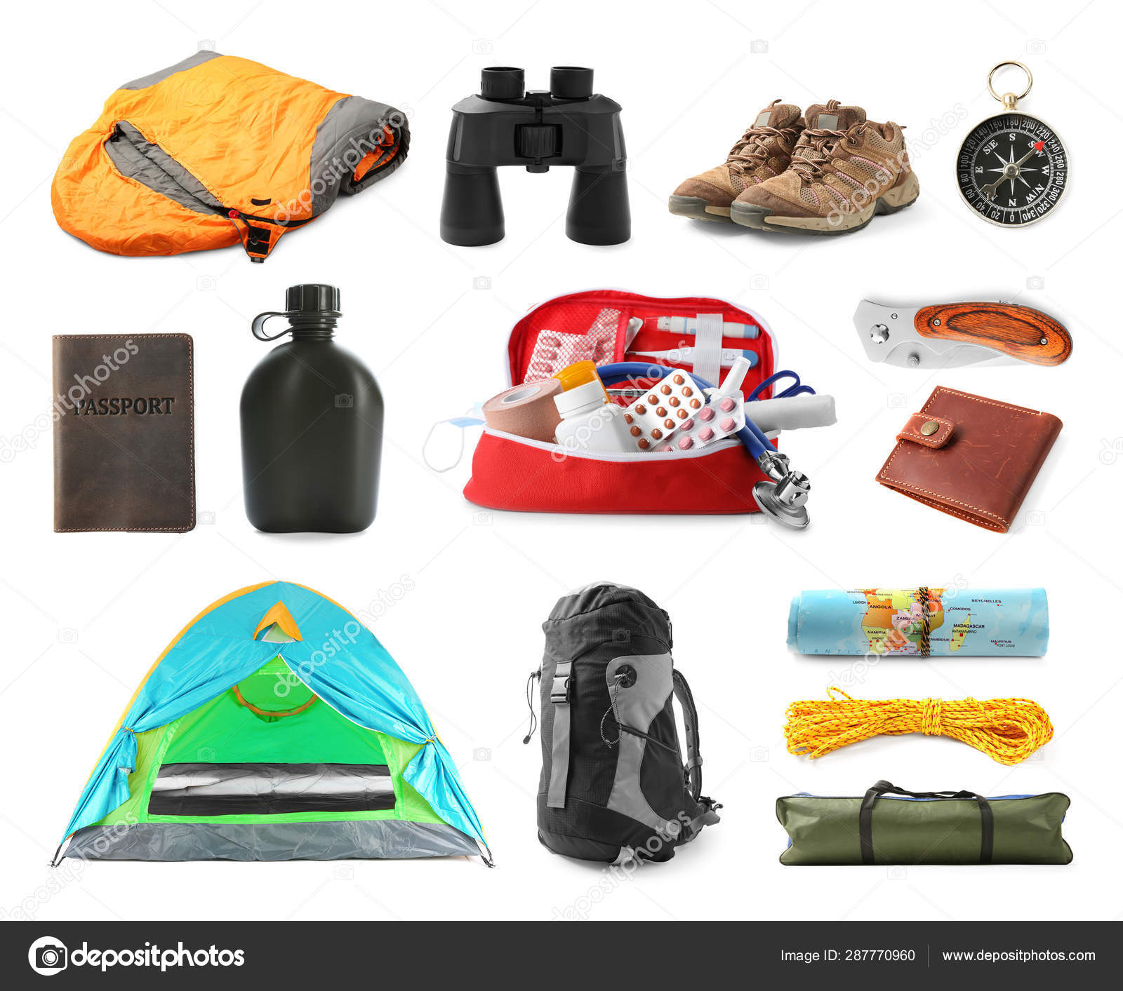 Set with different camping equipment on white background Stock Photo by ...