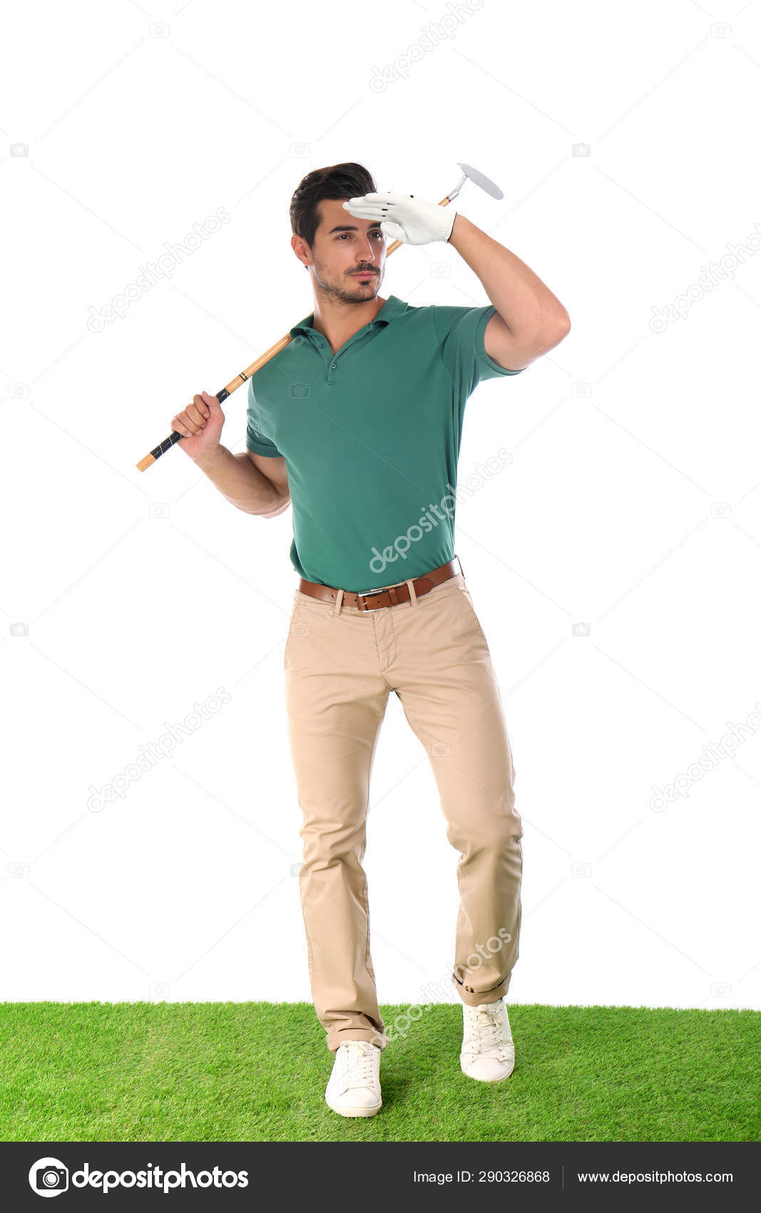 Young man posing with golf club on white background — Stock Photo ...
