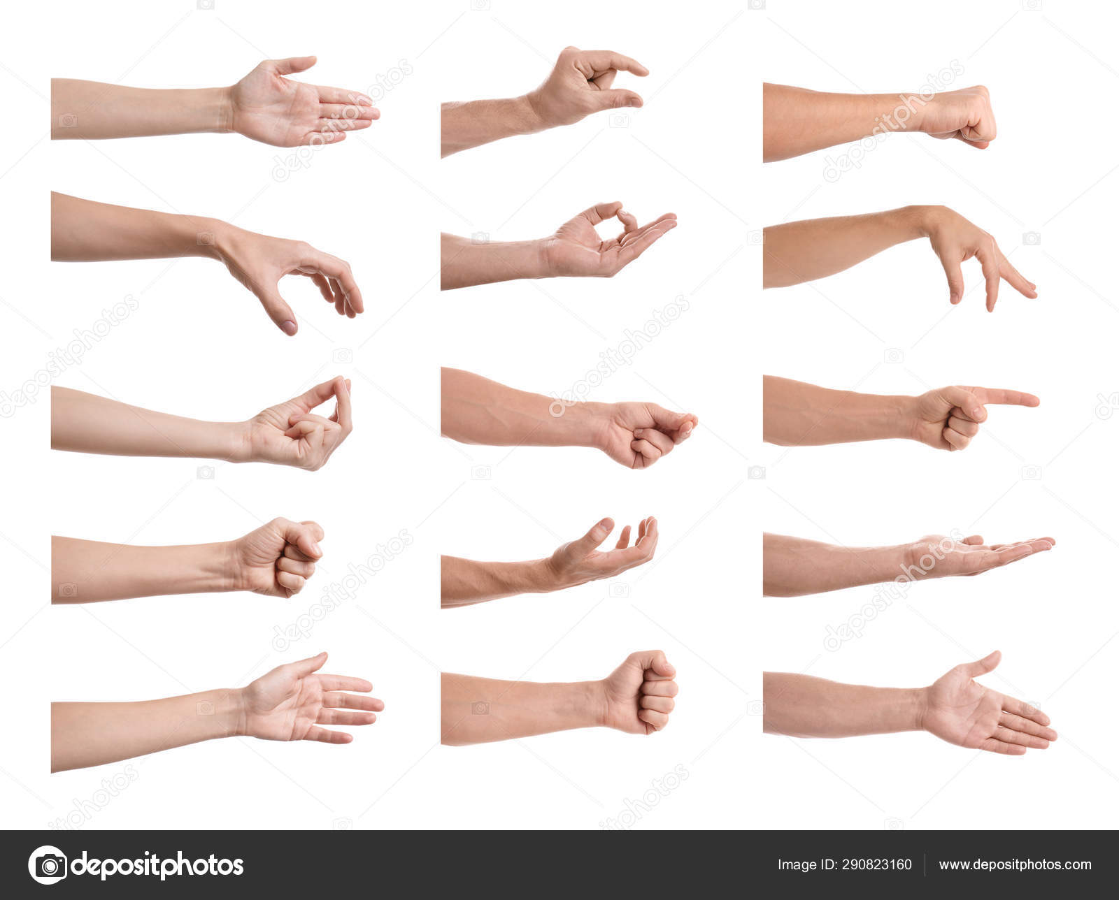 Set of people showing different gestures on white background, closeup ...