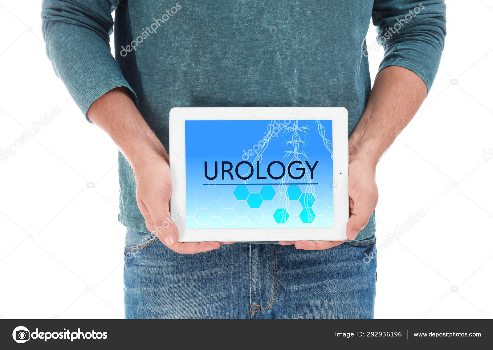 Man holding tablet with word UROLOGY on screen against white background ...