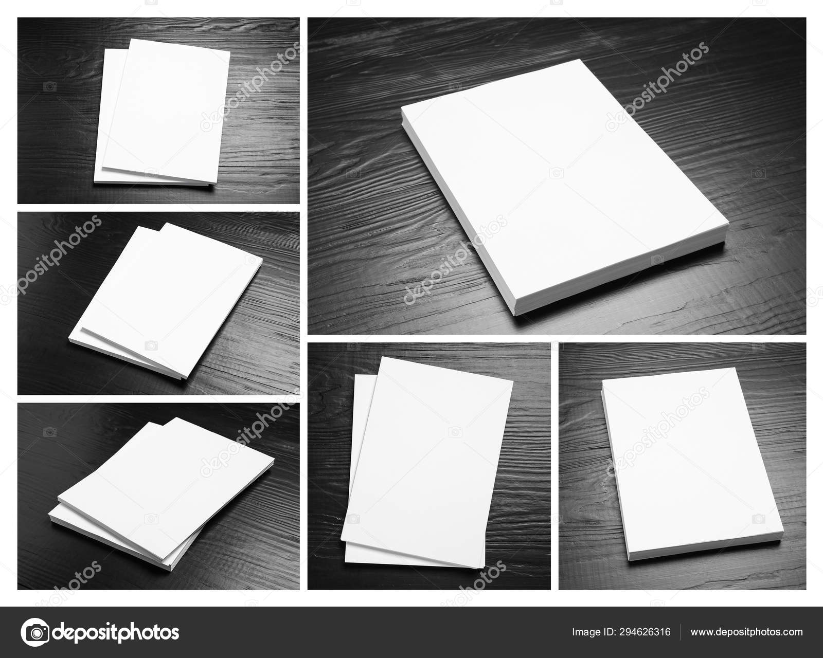 Set of blank brochures on black wooden table. Mock up for design ...