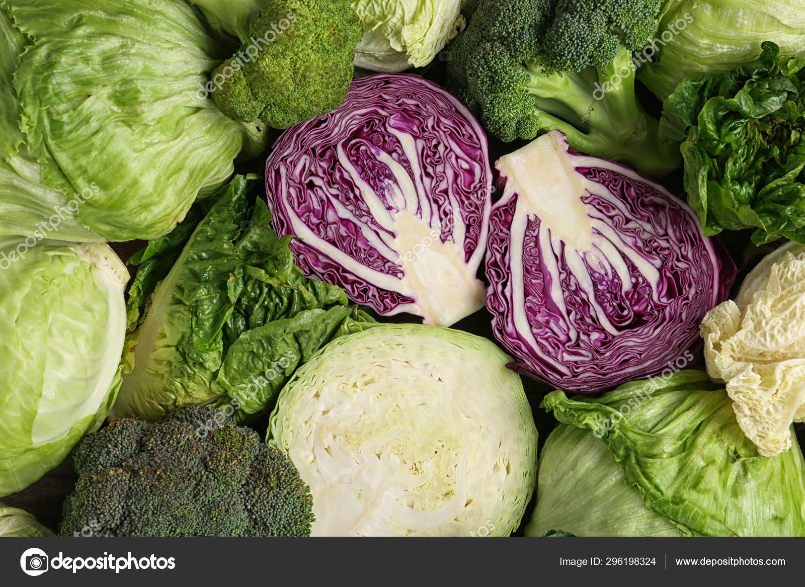 Different types of cabbage as background, top view Stock Photo by ...