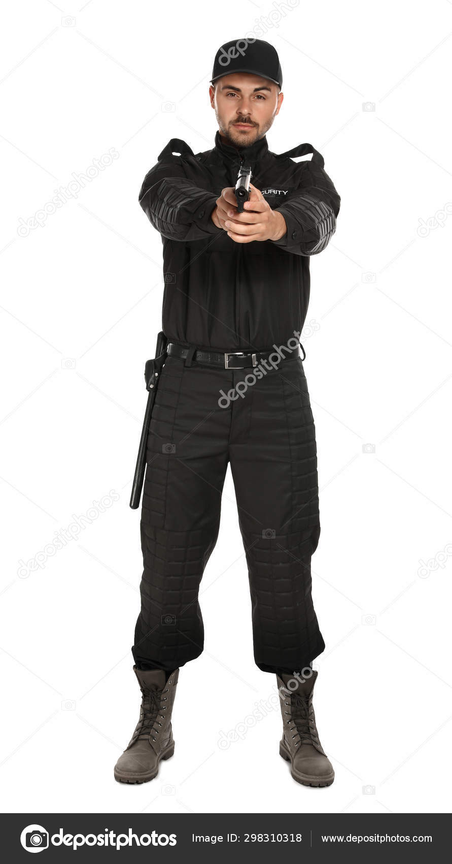 Male security guard in uniform with gun on white background — Stock ...