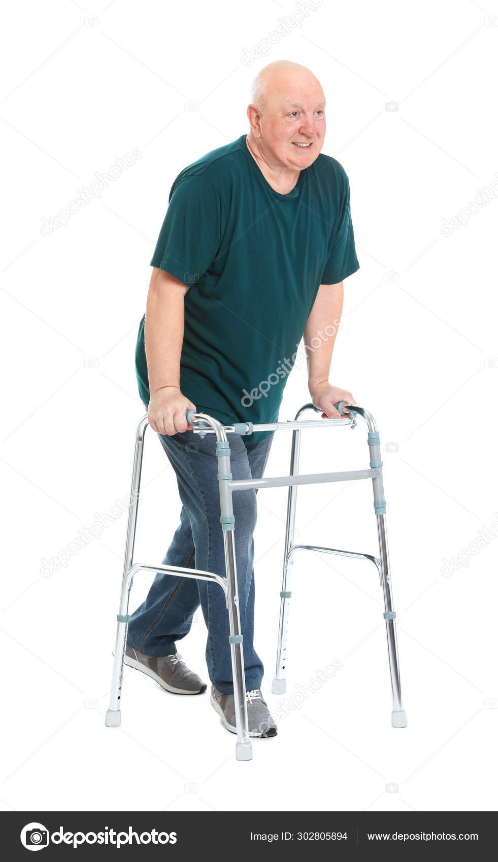 Elderly man with walking frame on white background. Medical help Stock ...