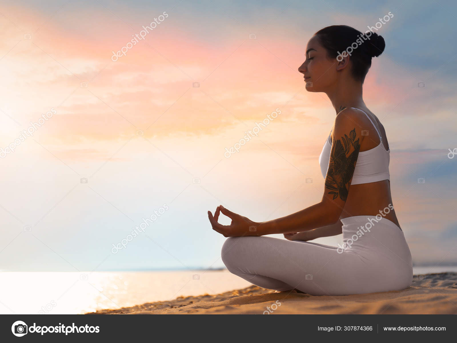 Young woman practicing zen meditation on beach. Space for text — Stock ...