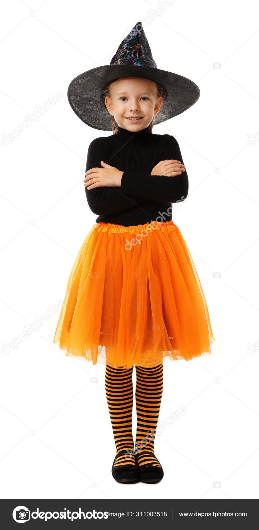 Cute little girl wearing Halloween costume on white background — Stock ...