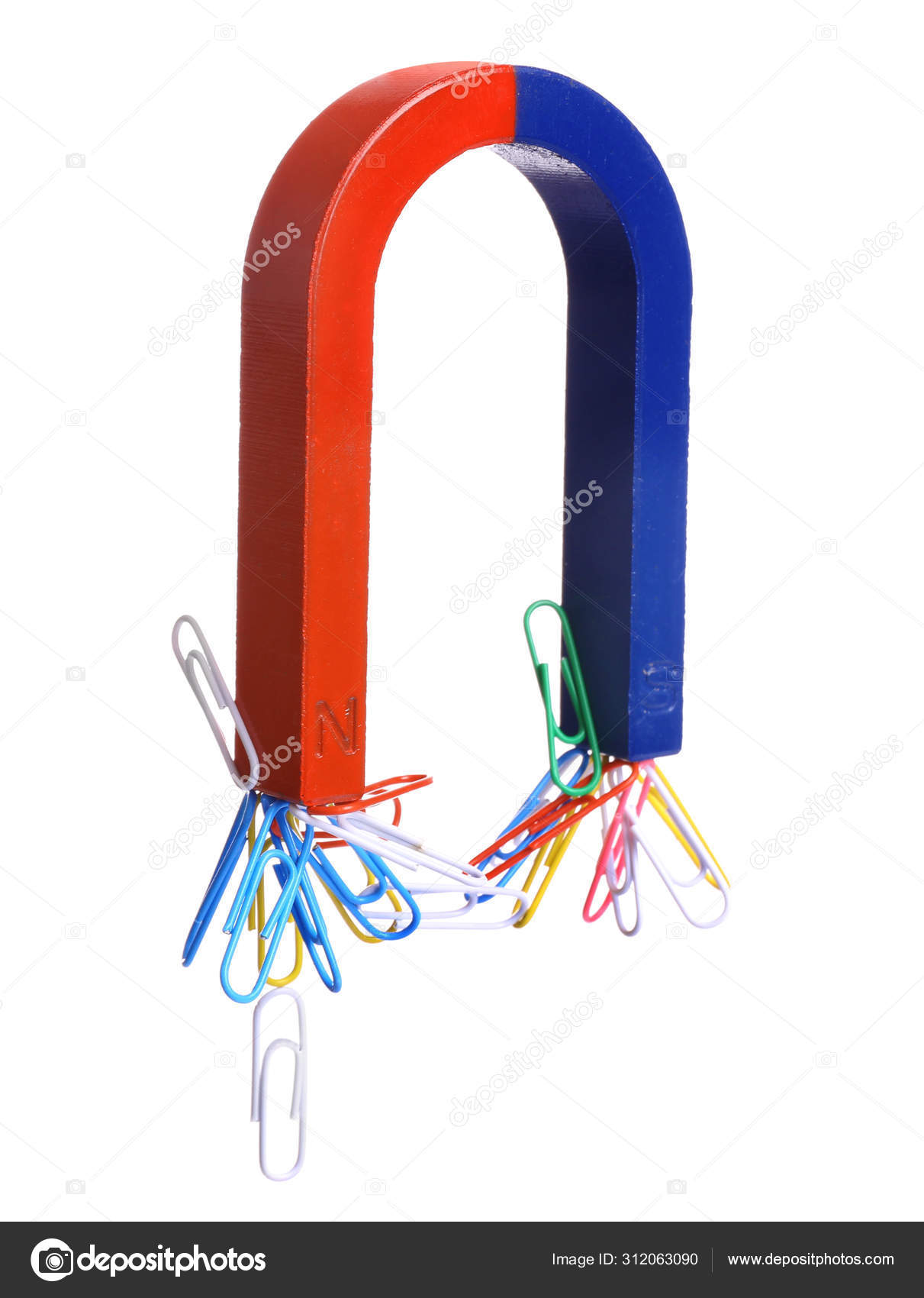 Horseshoe magnet attracting paper clips on white background Stock Photo ...