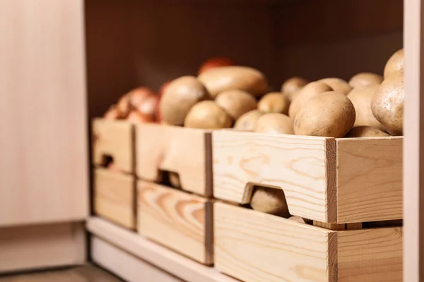 Open drawer with potatoes and onions, closeup. Orderly storage Stock ...