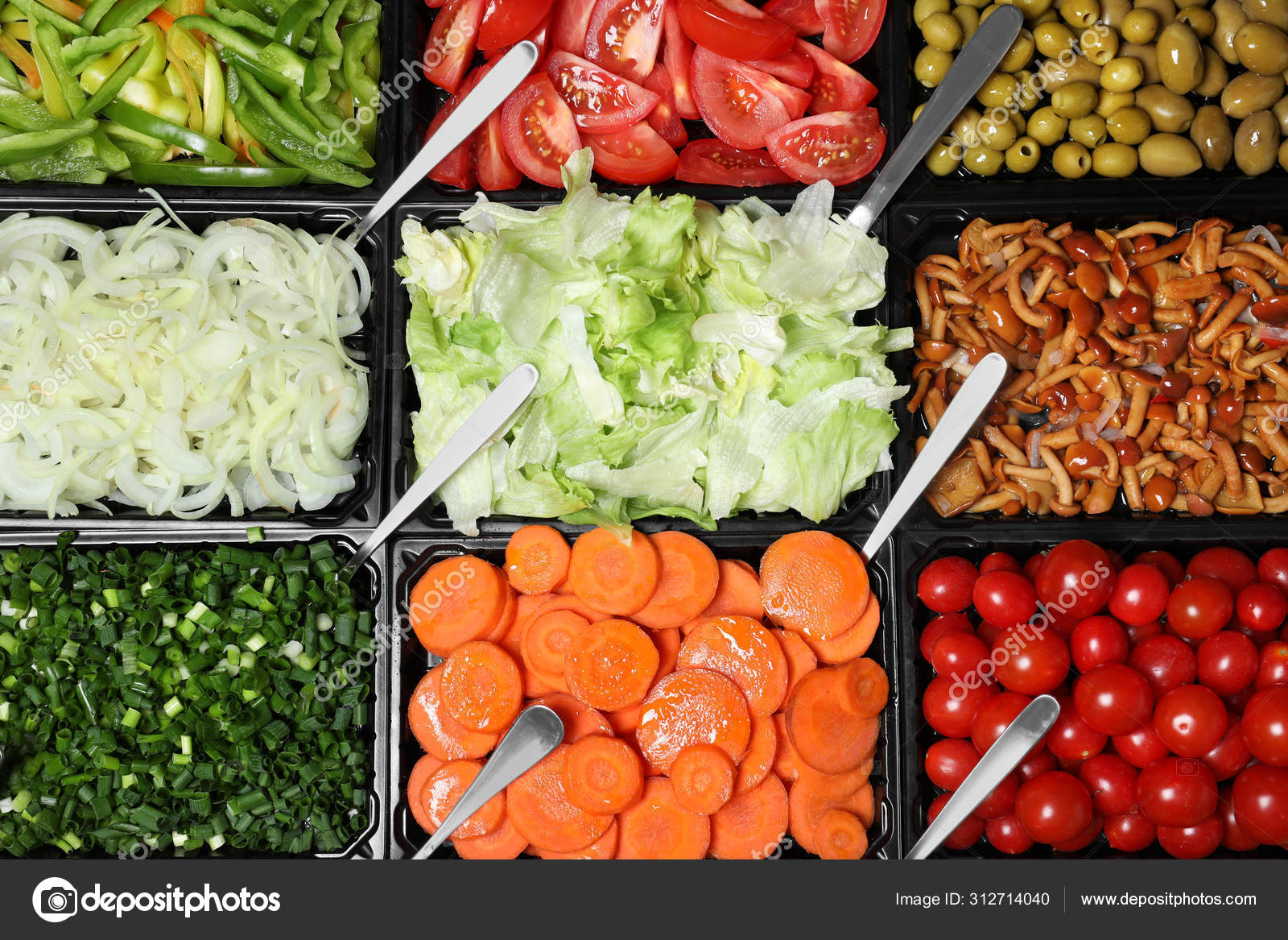 Salad bar with different fresh ingredients as background, top view ...