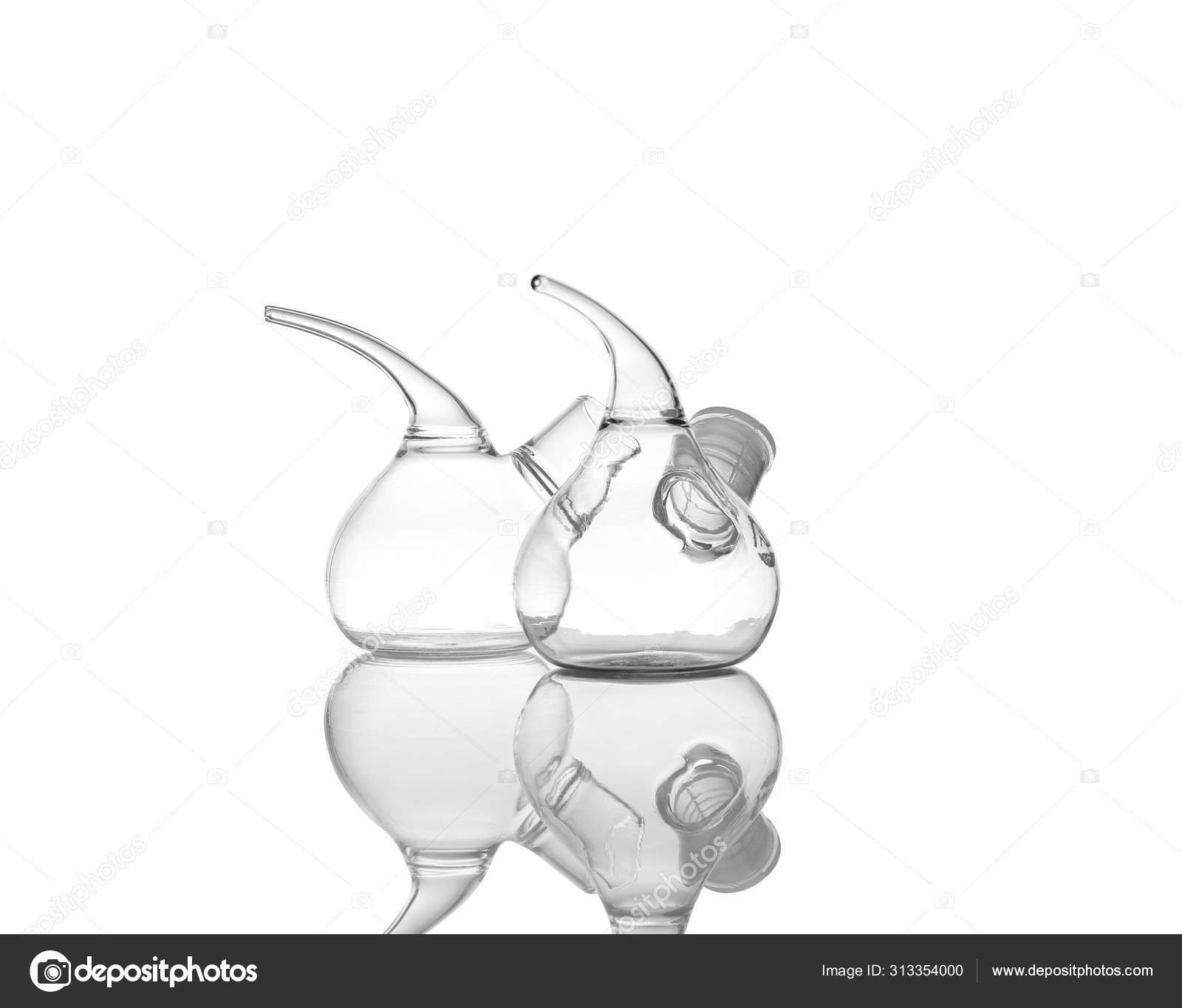 Empty retort flasks on white background. Laboratory glassware Stock ...