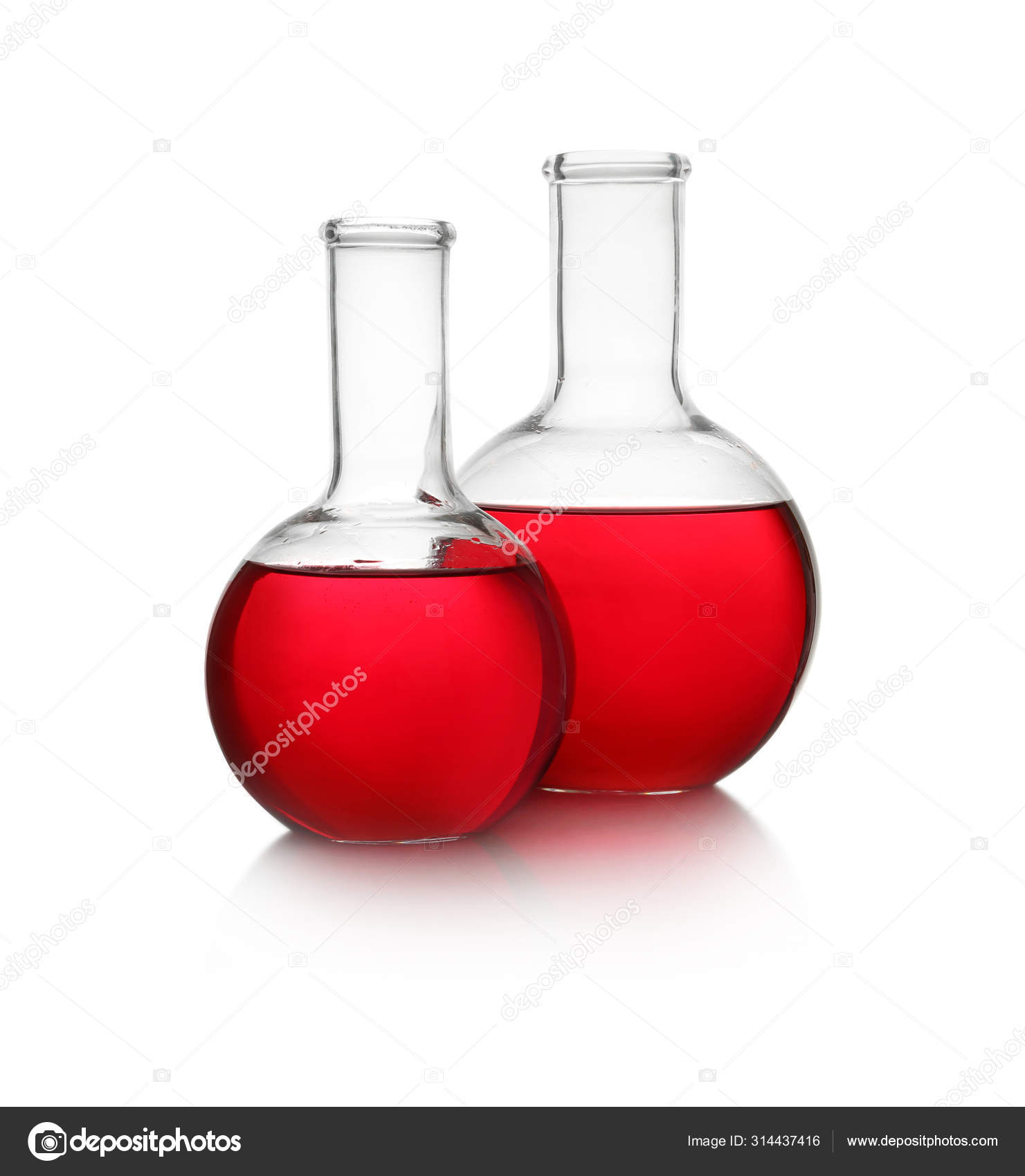 Florence flasks with red liquid on white background. Laboratory ...