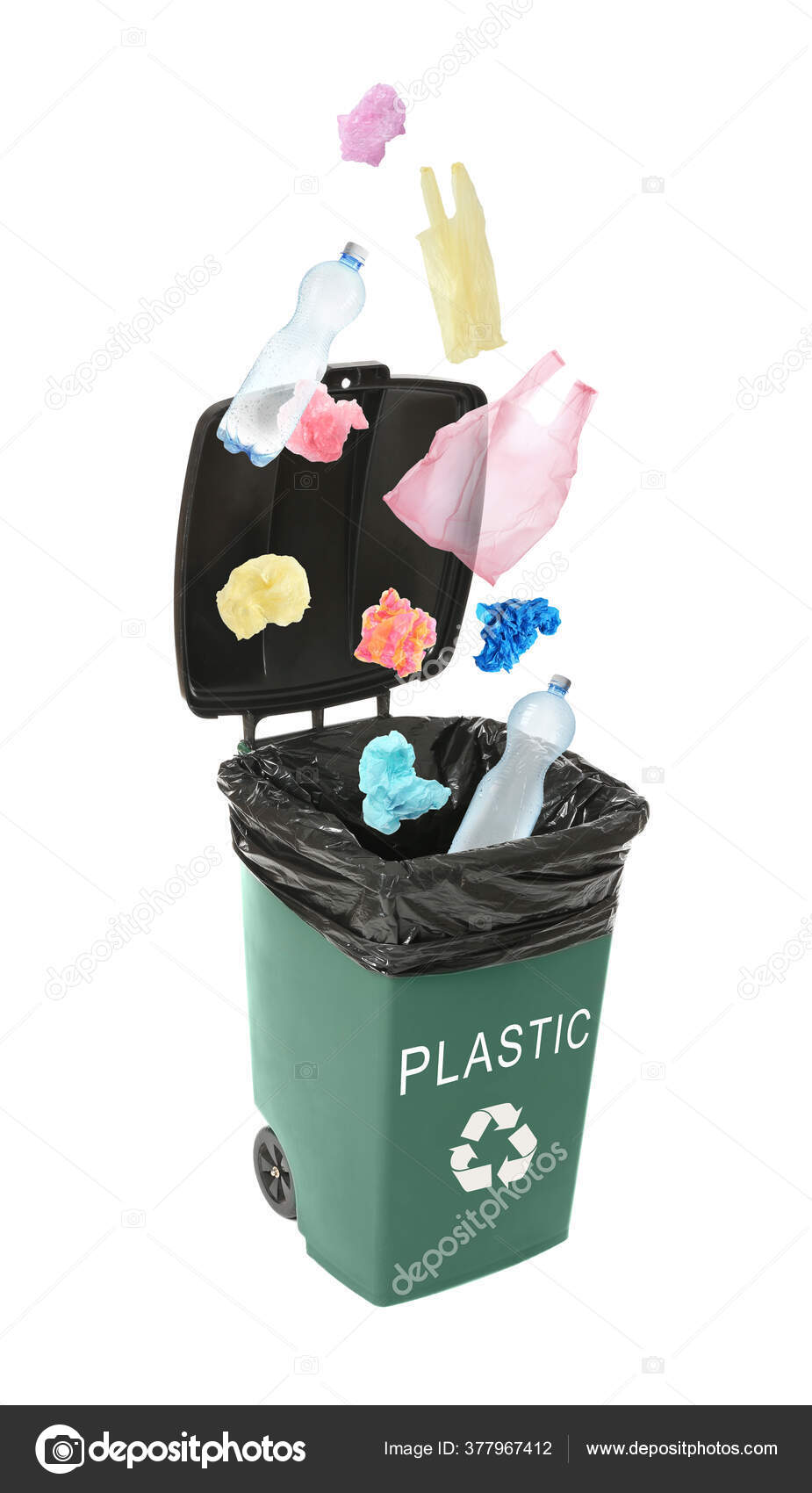 Different Plastic Garbage Falling Trash Bin Waste Management Recycling ...