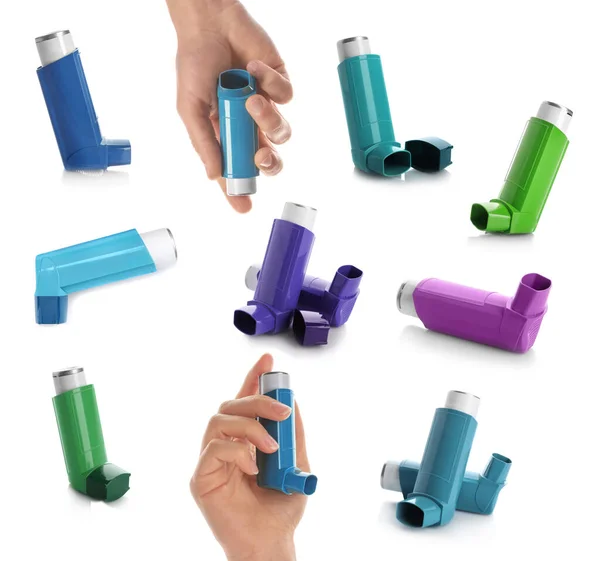 Portable Asthma Inhaler Device Steam White Background — Stock Photo ...