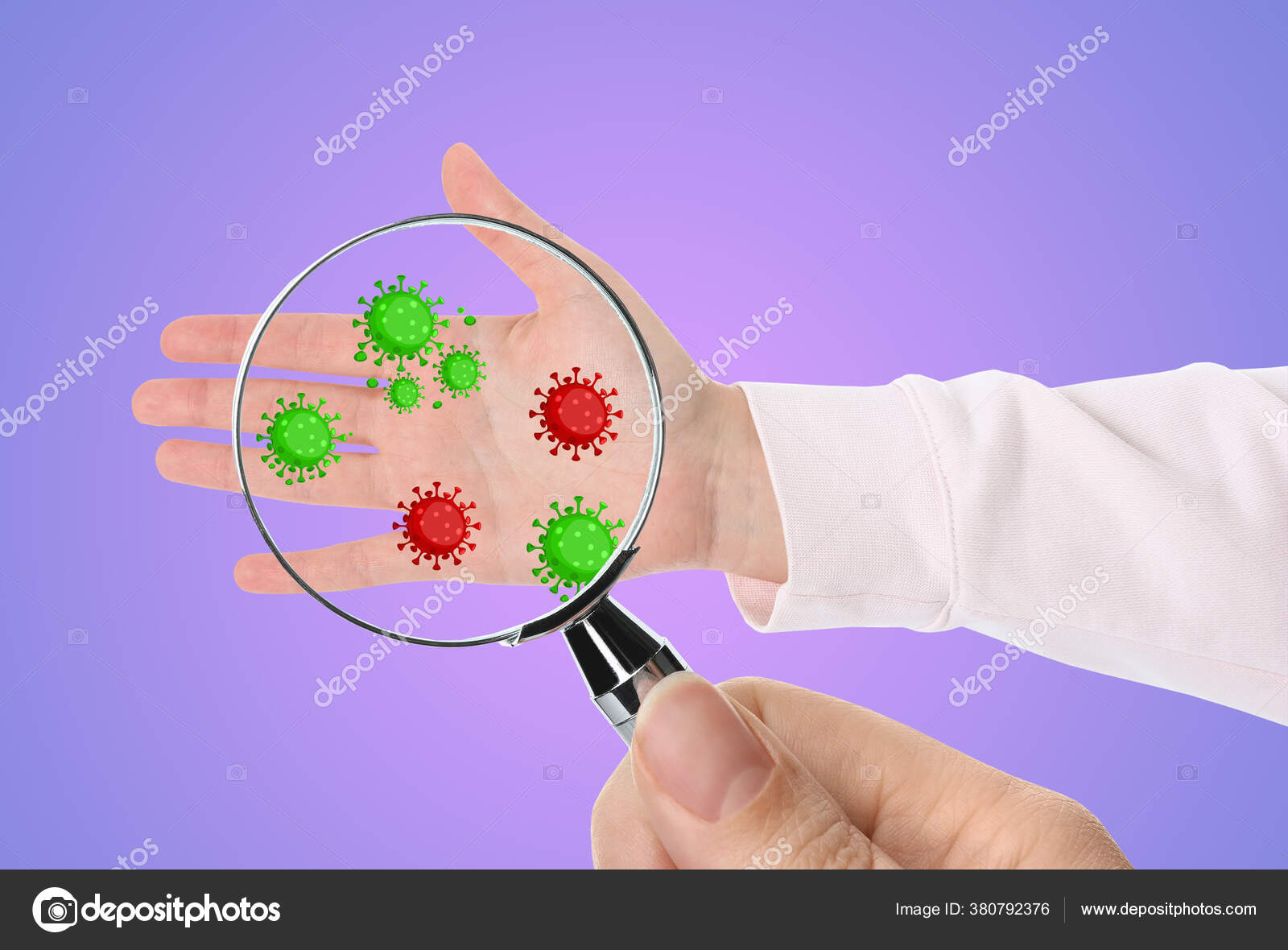 Woman Detecting Bacteria Magnifying Glass Lilac Background Closeup ...