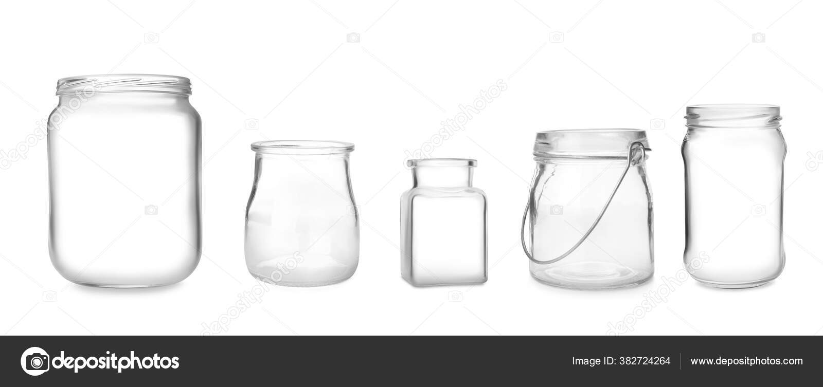 Set Open Empty Glass Jars White Background Banner Design Stock Photo by ...