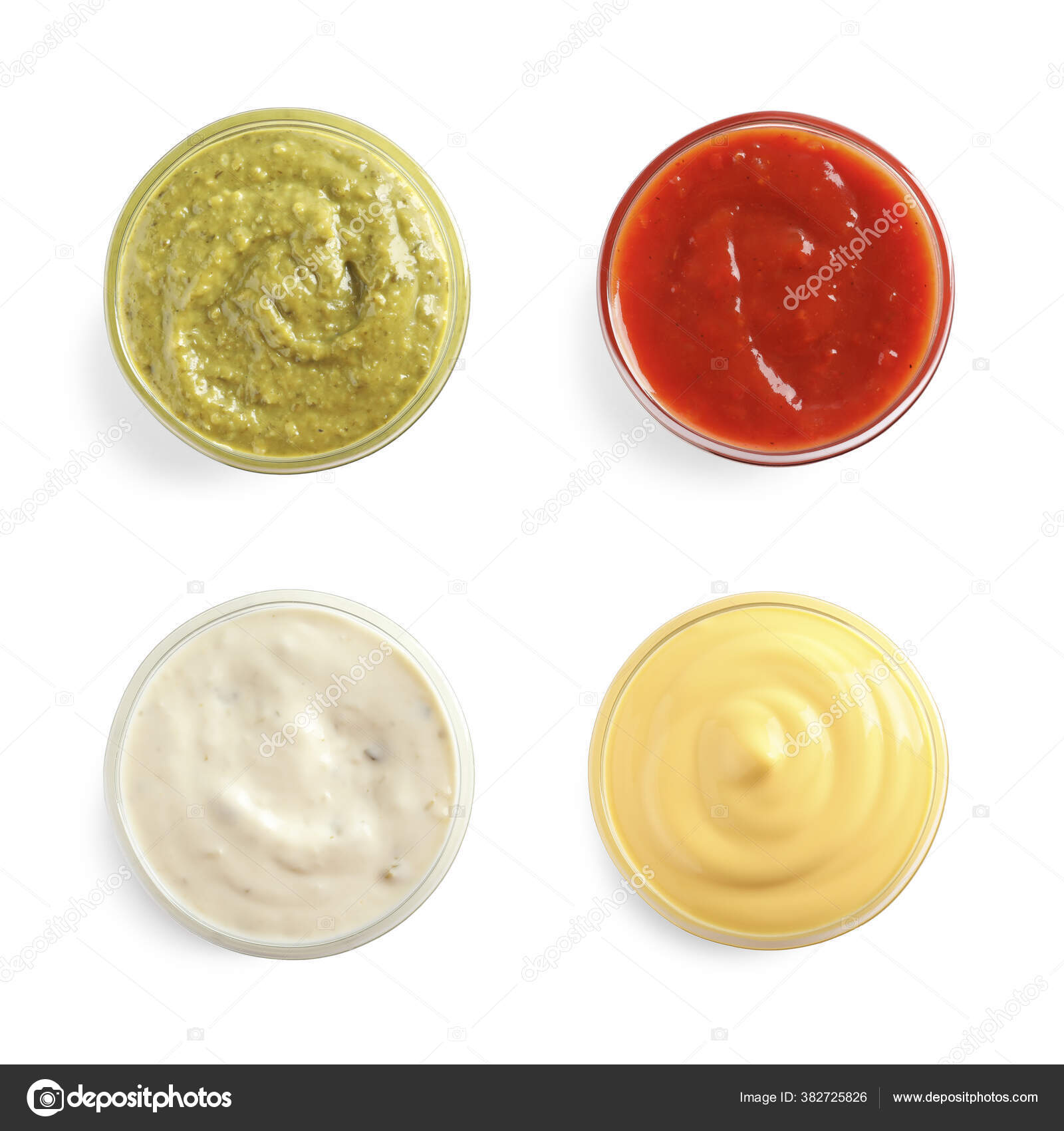 Set Different Delicious Sauces White Background Top View Stock Photo by ...