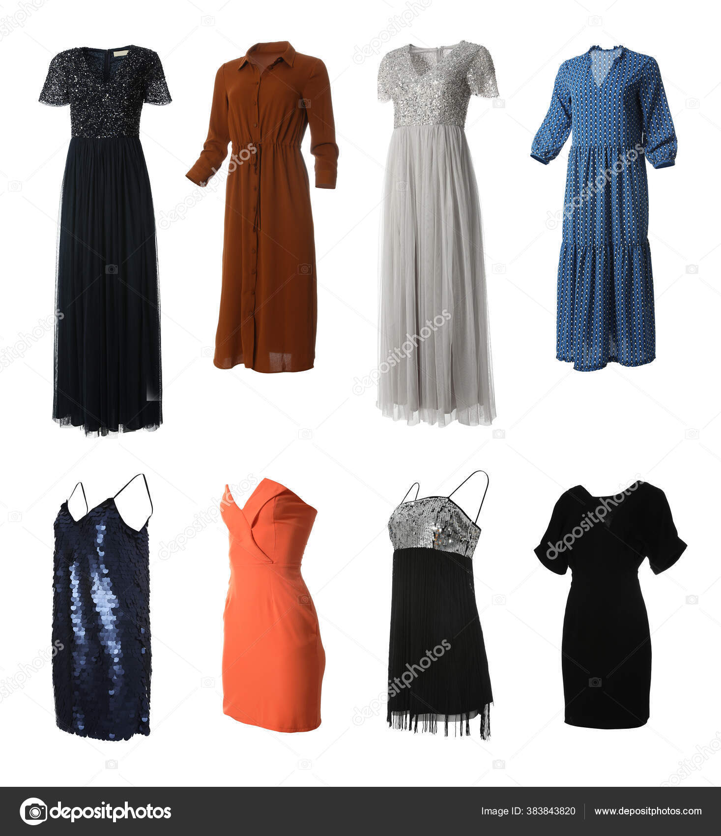 Set Different Stylish Dresses White Background — Stock Photo ...