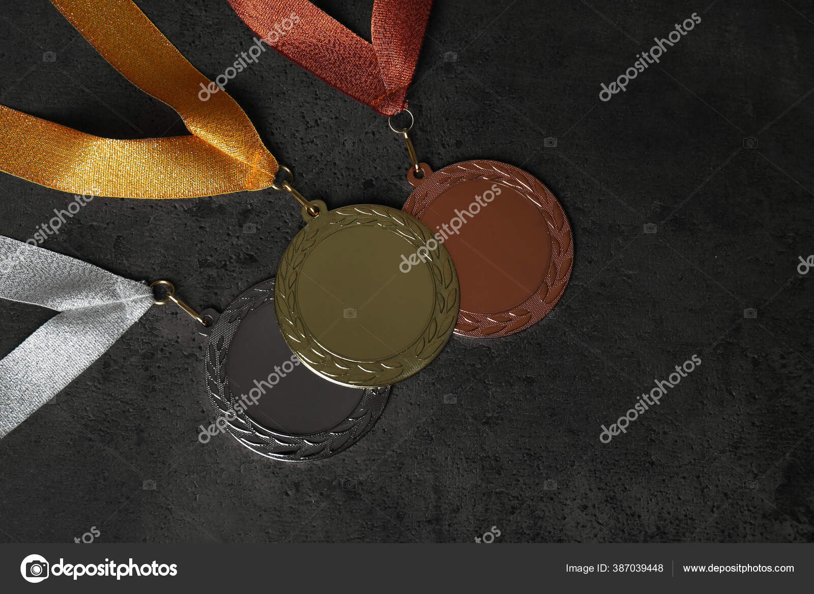 Gold Silver Bronze Medals Grey Stone Background Flat Lay Space Stock ...