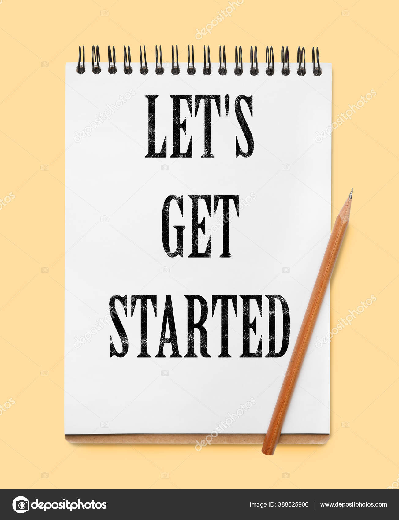 Notebook Phrase Let's Get Started Yellow Background Top View — Stock ...