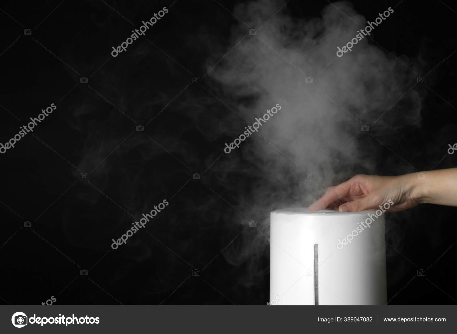 Woman Using Modern Air Humidifier Black Background Closeup Space Text ...