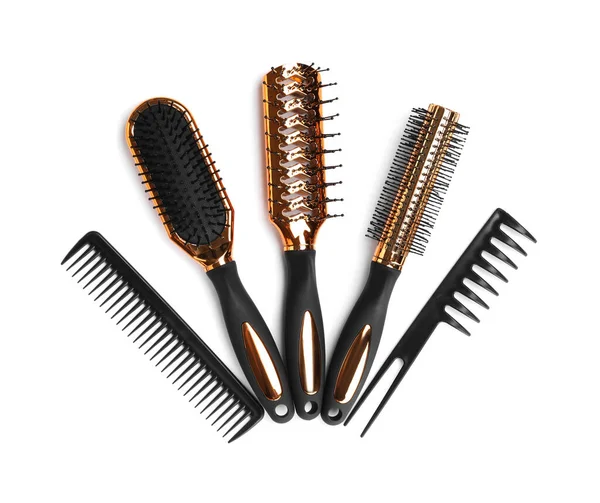 Set Modern Hair Brushes Comb Isolated White Top View Stock Photo by ...