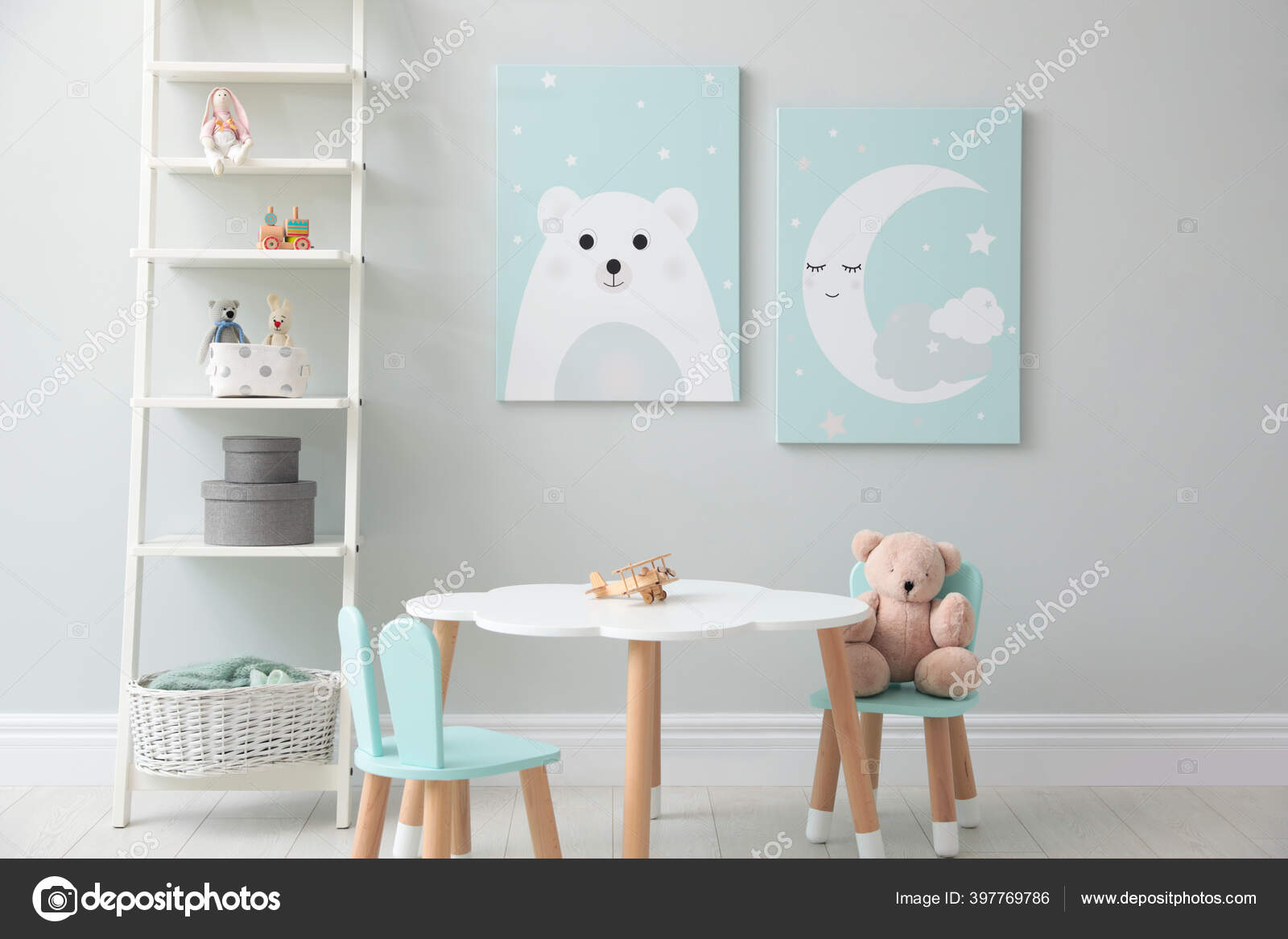 Children's Room Interior Table Cute Pictures Wall — Stock Photo ...